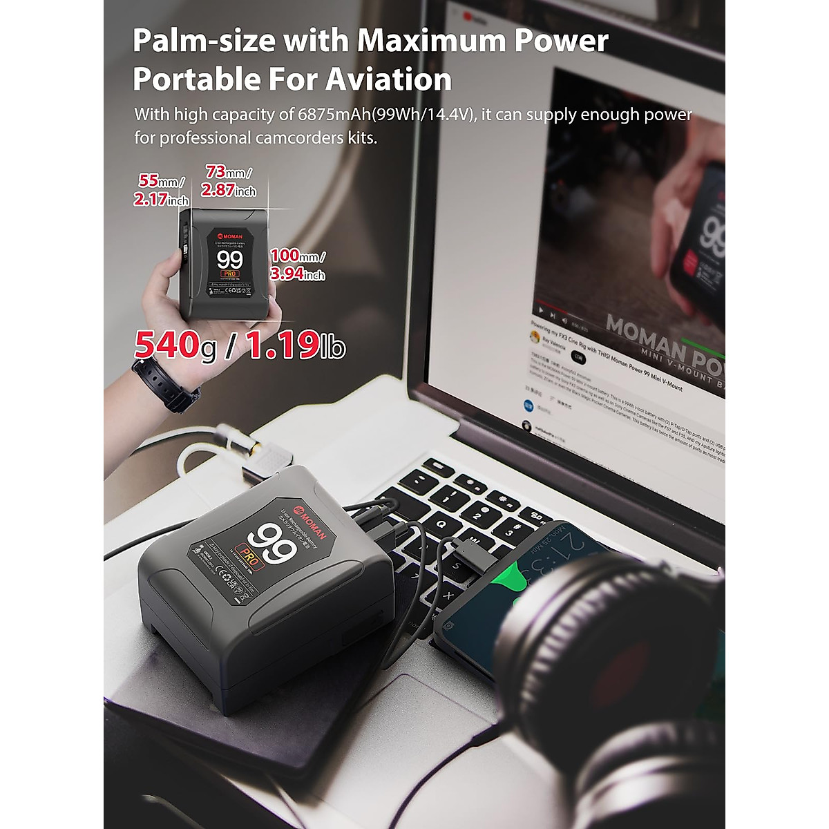 V-Mount Battery, Moman Power 99 Pro Micro V Lock Battery 99Wh/6875mAh with D-TAP/USB-C/A Outputs, First OLED with Time Display for Camcorder Blackmagic BMPCC Camera LED Light, Mini-V-Mount-Battery-USB