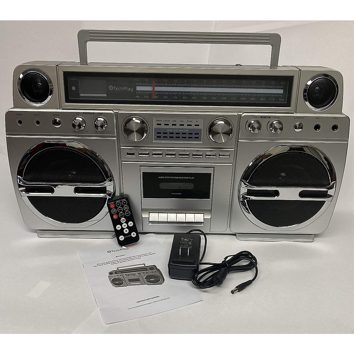 TechPlay Monster 1980S-Style Boom Box CD Player, Cassette Player/Recorder, AM/FM, USB, Bluetooth Speaker with Built-in Rechargeable Battery