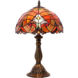 WERFACTORY Tiffany Lamp Red Liaison Stained Glass Table Lamp Desk Bedside Reading Light 12X12X18 Inches Decor Bedroom Living Room Home Office S160R Series