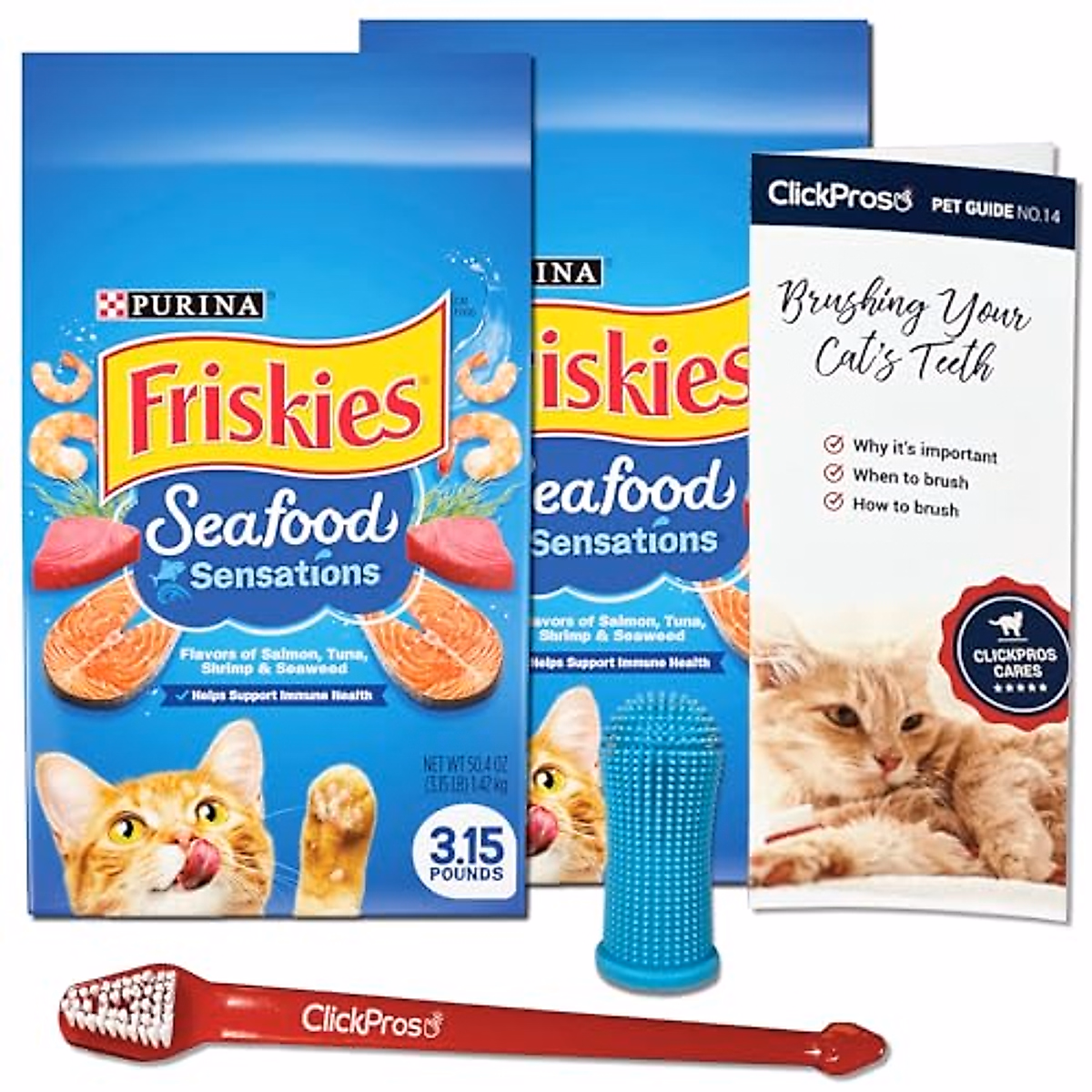 ClickPros Friskies Dry Cat Food Seafood Sensations Bundle | Includes 2 Bags of Friskies Dry Cat Food Salmon, Tuna, and Shrimp Flavors (3.15 LB) Pet Guide and 2 Toothbrushes!