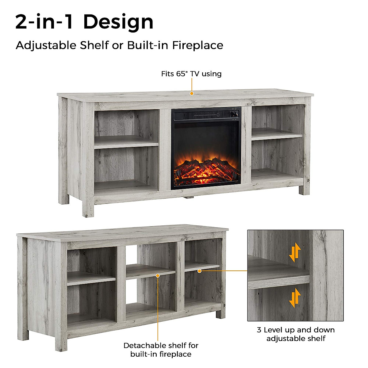 CHADIOR Wooden Stand and Electric Fireplace, Fit up to 65" Flat Screen TV with Cabinet and Adjustable Shelves Entertainment Center for Living Room, Light Grey