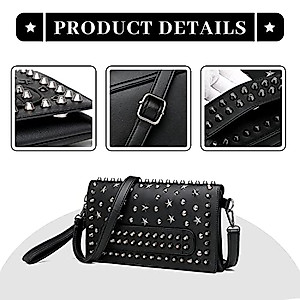 KUANG! Black Dark Punk Style Shoulder Bag Pu Leather Wristlets Clutch Purse Fashion Rivets Handbags