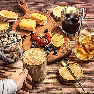 Combler Glass Coffee Mugs, Espresso Cups for Coffee Bar Accessories, Clear Coffee Mug Set of 2, 11oz Glass Coffee Cups with Lids and Spoon, Cute Ribbed Glassware Set for Latte, Cappuccino, Tea, Gift