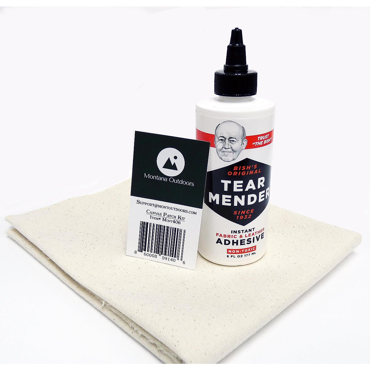 Montana Outdoors Canvas Repair Kit with Over 3.5 Square Feet of Heavy-Duty Canvas & 6 Ounces of Tear Mender Fabric Glue to Repair Tents, Awnings, Pop-Up Campers, Canvas Bags, Covers
