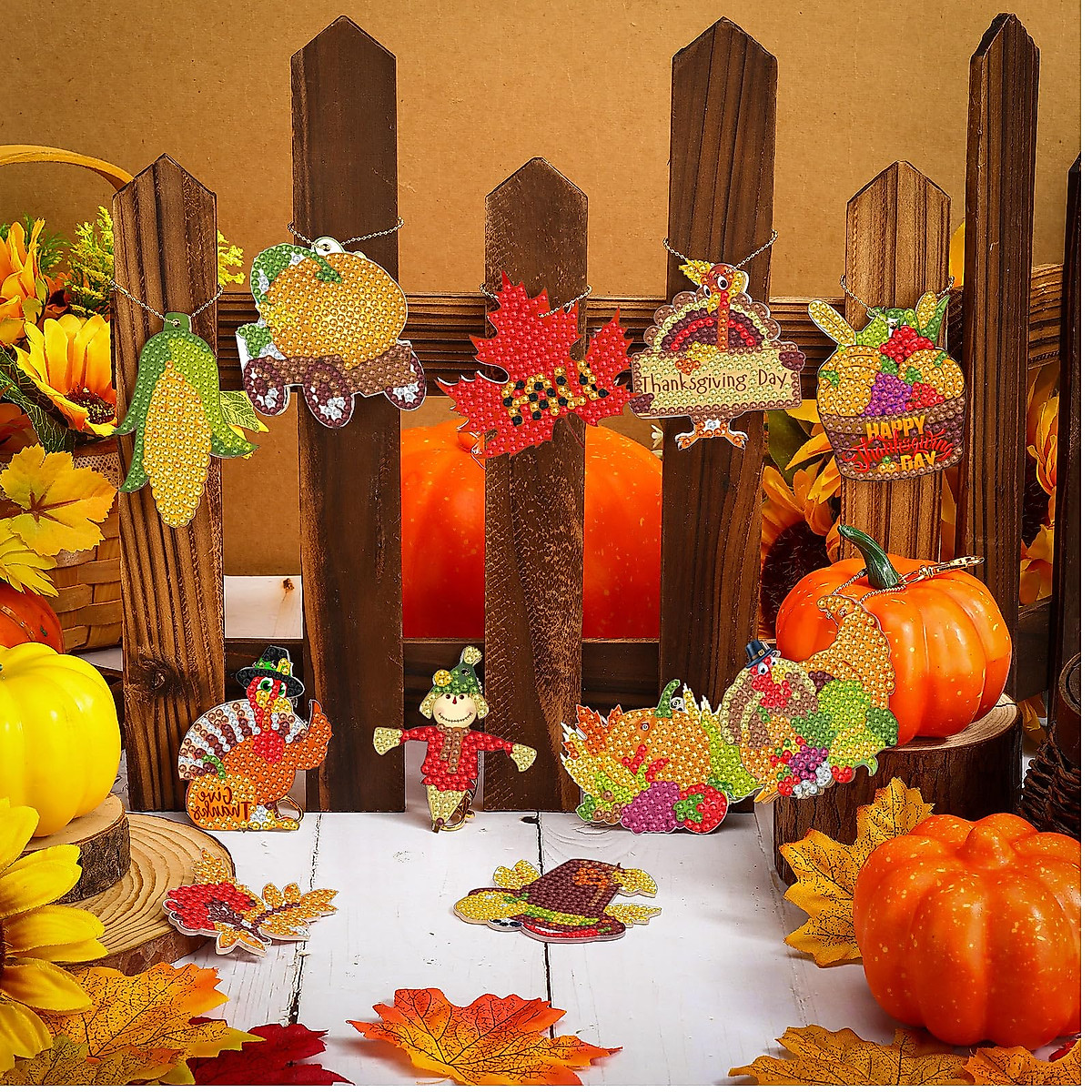 Outus 24 Pcs Thanksgiving Diamond Art Keychain Kit Fall 5D DIY Diamond Art Key Chain Double Sided Maple Acorn Diamond Art Key Ring Thanksgiving Day Diamond Art Ornament for Harvest Craft