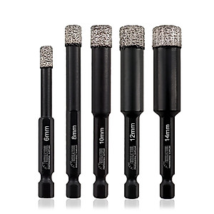 SHDIATOOL Dry Diamond Drill Bits Set for Porcelian Tiles Marble Granite Quick Change Hex Shank Stone Hole Bits(6/8/10/12/14mm) 5pcs