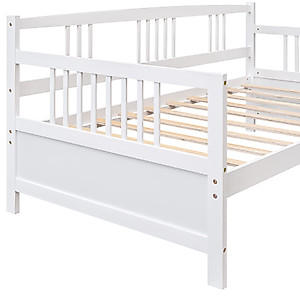 Merax Wood Twin Daybed, Wooden Sofa Bed Guest Bed with Rails & Wood Slat Support, Dual-use Twin Size Platform Bed Frame for Living Room Bedroom, No Box Spring Needed, White