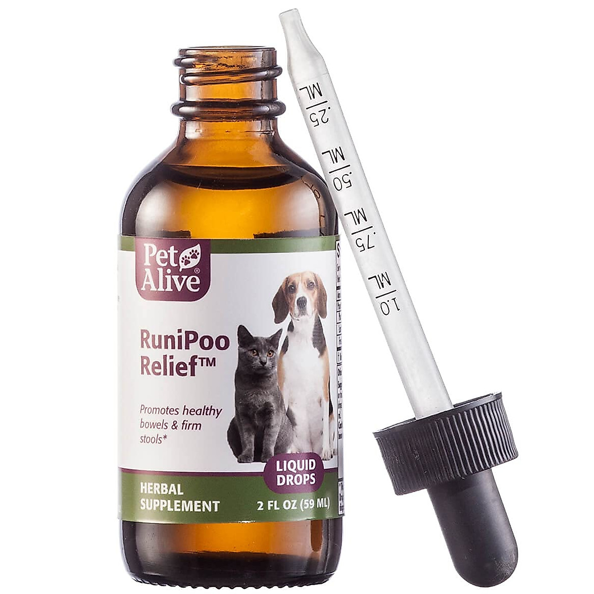 PetAlive RuniPoo Relief - All Natural Herbal Supplement Promotes Health Bowels and Firm Stools in Cats and Dogs - Relieves Common Symptoms of Pet Diarrhea - 59 mL