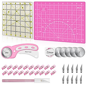 39 Pcs Rotary Cutter Set Pink - Quilting Kit incl. 45mm Fabric Cutter with 5 Extra Blades, A4 Cutting Mat, Craft Knife Set, Quilting Ruler and Sewing Clips, Ideal for Crafting, Sewing, Patchworking