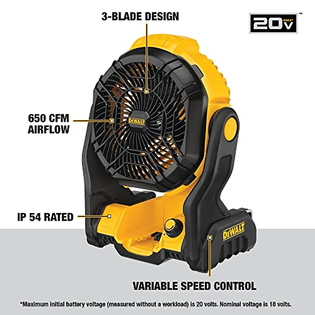 DEWALT 20V MAX Jobsite Fan, Cordless, Portable, Bare Tool Only (DCE512B), 12x8x14 inches, Yellow/Black