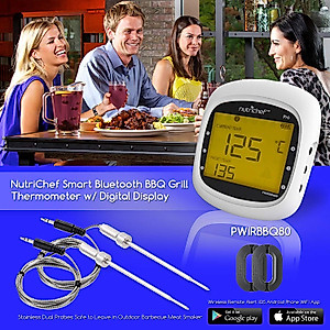 Wireless Bluetooth BBQ Digital Thermometer - Upgraded Stainless Smart Dual Grill Probes w/ Remote Alert, Safe to Use in Outdoor Barbecue Meat Smoker, Works w/ iOS Android Phone - NutriChef