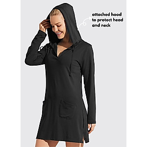 Willit Women's Long Sleeve Cotton Swim Cover Up UPF 50+ SPF Dress Hooded with Pockets Sun Protection Beach Coverup Black L