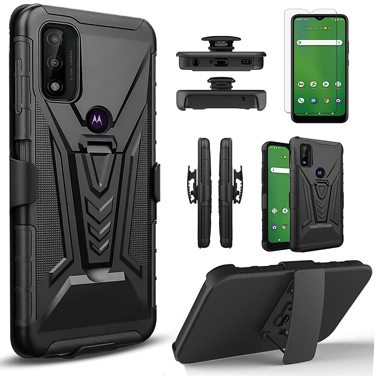 Moto G Pure Case, Motorola G Pure Case, [with Tempered Glass Screen Protector Include], Circlemalls Military Grade 12 ft Shockproof Cover Built in Kickstand and Belt Clip Holster -Dark
