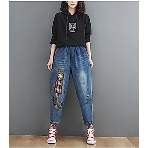 LAI MENG FIVE CATS Women Loose Jeans Denim Harem Pants with Elastic Waist with Pocket