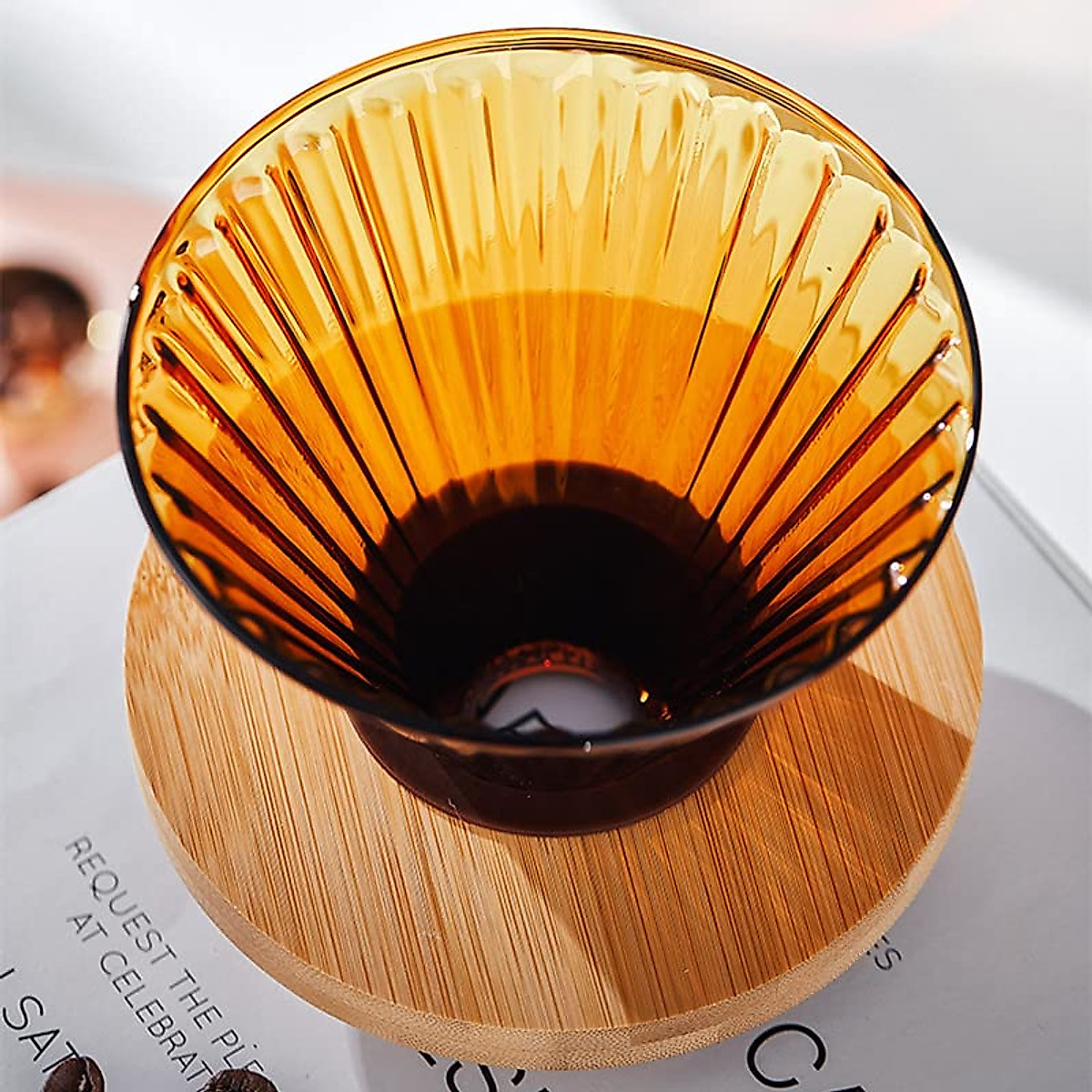 Sunormi Orange Glass Pour Over Coffee Dripper With Wooden Base Stand,1-3 Cups Coffee Cone Filter with 40Pcs Paper Filters