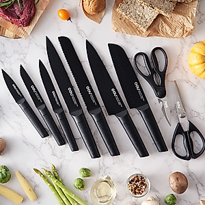 OOU! Kitchen Knife Set with Block, 15 Pieces High Carbon Stainless Steel Knife Block Set, Professional Chef Knife Set with Built-in Sharpener, Ergonomic Handle