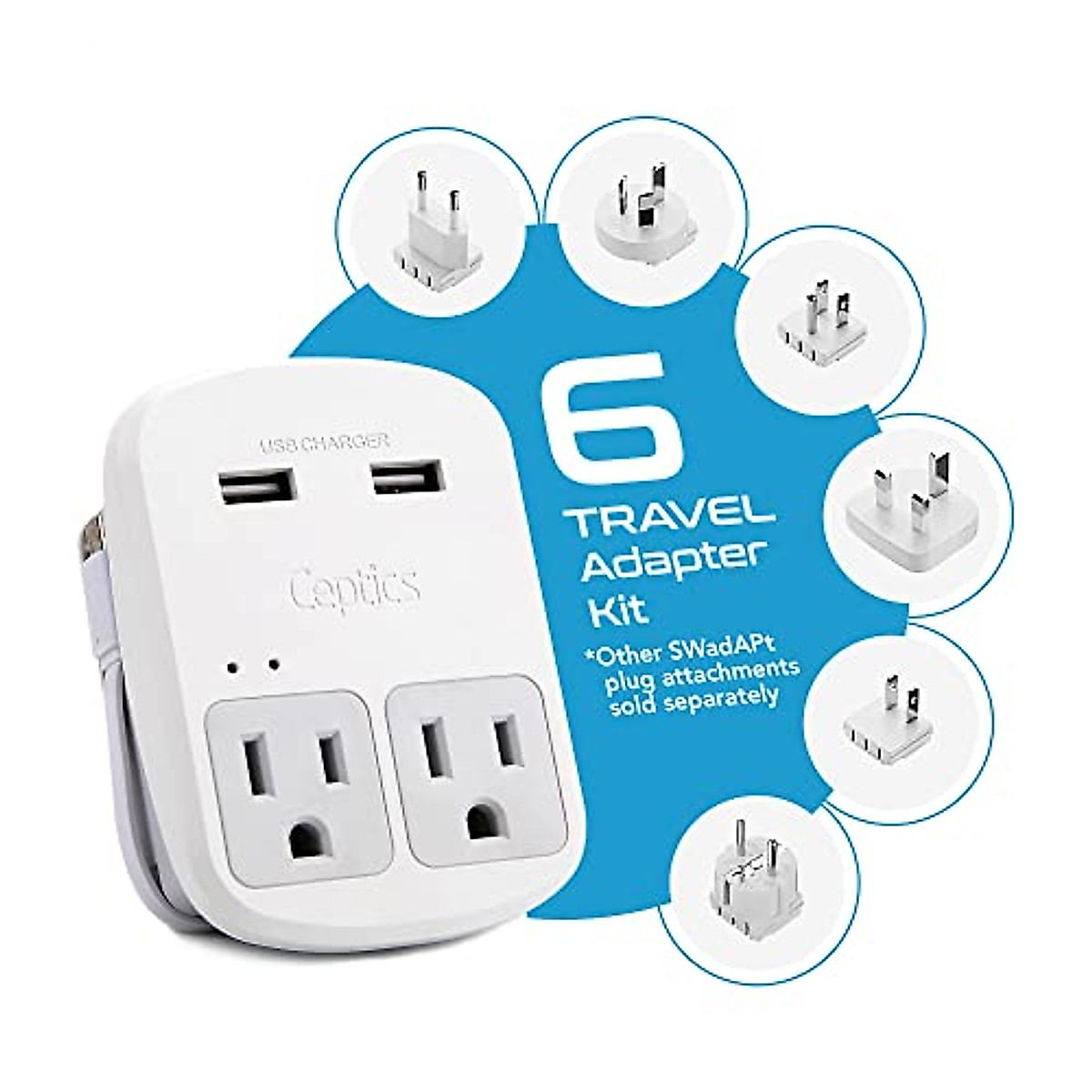 Ceptics World Travel Adapter Kit - QC 3.0 2 USB + 2 US Outlets, Surge Protection, Plugs for Europe, UK, China, Australia, Japan - Perfect for Laptop, Cell Phones, Cameras - Safe ETL Tested
