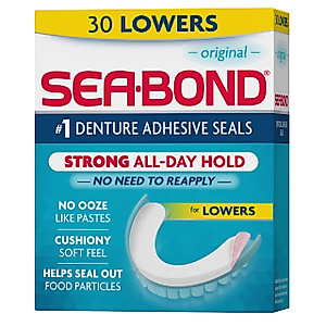Sea Bond Secure Denture Adhesive Seals Lowers Original, Zinc Free, All Day Hold, Mess Free, 30 Count
