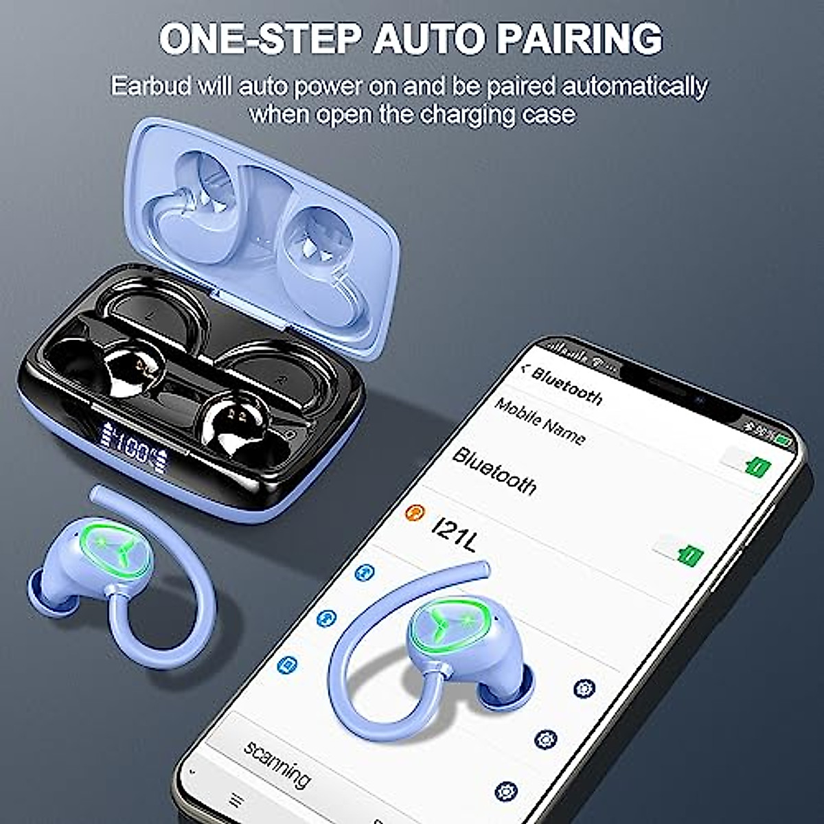 Wireless Earbud Bluetooth 5.3 Headphones Sport Earphones in Ear 48H Playback Stereo Noise Cancelling Earbud with Dual Mic LED Display, Over-Ear Earhooks Ear Buds IP7 Waterproof Headset for Running Gym