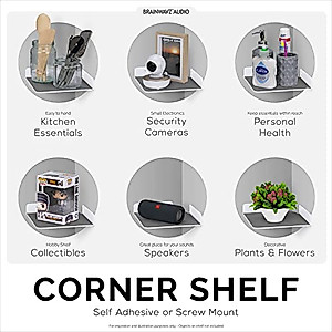 BRAINWAVZ 2-Pack 8” Corner Floating Shelf for Speakers, Books, Decor, Plants, Cameras, Photos, Kitchen, Bathroom, Routers & More Universal Small Holder Acrylic Wall Shelves (White)