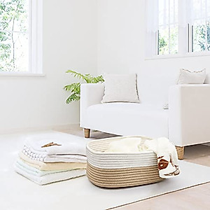 Set of 3 Small Cotton Rope Storage Baskets,Baby Nursery Organizer for Books,Magazines,Toys Storage Bin,White Woven Basket with Handles