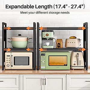 Expandable Microwave Stand, Heavy Duty 3-Tier Adjustable Microwave Oven Rack Shelf with 8 Hooks & 2 Holders, Space-saving Kitchen Counter Shelf for kitchen organizers and storage, 200lbs Capacity