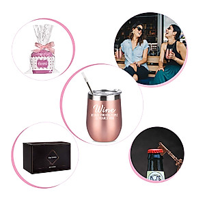 GINGPROUS Funny Wine Tumbler Cupcake Wine Socks Gift Set for Women, Funny Birthday Gift for Her, Friend BFF, Mom, Wife, Sister, Aunt, Coworker, 12 Oz Wine Tumbler with Lid, Opener, Stopper, Rose Gold