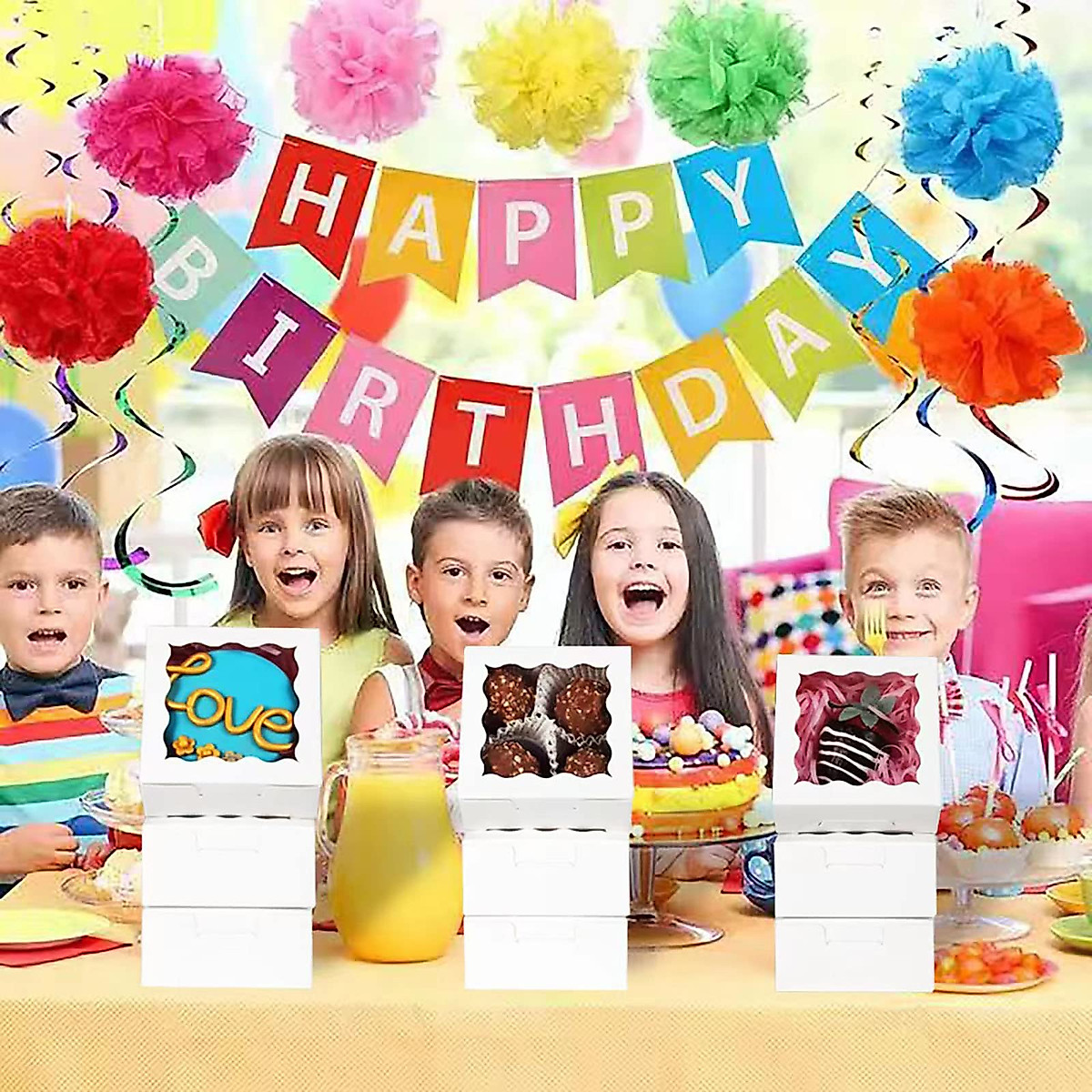 RomanticBaking 3 1/4" x 3 1/4" x 1 1/2" 50PCS Chocolate Truffle Boxes for 4，Cookies Boxes Soap Boxes Donut Boxes Macaron Boxes Mini Bakery Boxes with Window Brownie Boxes