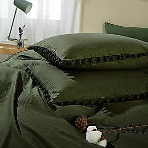 ETDIFFE Dark Olive Green Full Size Duvet Cover, 3 Piece Boho Farmhouse Pom Fringe Microfiber Comforter Cover Set, Soft and Lightweight Bedding Quilt Cover