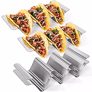 18/8 Stainless Steel Taco Holders: U-Taste Soft Hard Taco Shell Rack Oven Safe Metal Corn Tortilla Serving Tray Plates Stand Set with Handle and Rounded Curves (Set of 4)