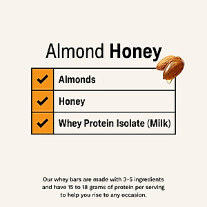 Rise Whey Protein Bars - Almond Honey | Healthy Breakfast Bar & Protein Snacks, 18g Protein, 4g Fiber, Just 3 Whole Food Ingredients, Non-GMO Healthy Snacks, Gluten-Free, Soy Free Bar, 12 Pack