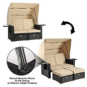MAGIC UNION Outdoor Furniture Wicker Loveseat Sofa Set with Retractable Canopy, Rattan Patio Seating Chairs Poolside Sunbed with Ottomans, Khaki Cushions for Backyard