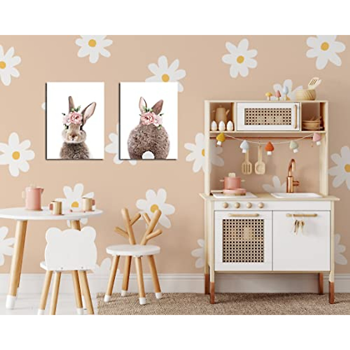 Girls Nursery Wall Art Bunny Rabbit with Pink Flower Crown Canvas Print Wall Decor Woodland Animal Posters Kids Room Set of 2 Bedroom Deccoration Framed Wall Art