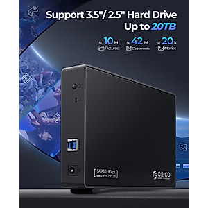 ORICO USB 3.0 External Hard Drive Enclosure for 3.5/2.5 Inch SATA Hard Drives/SSD Up to 20 TB, 3.5'' Tool-Free HDD Enclosure with 12V/2A Power Supply and UASP Acceleration (3588US3)