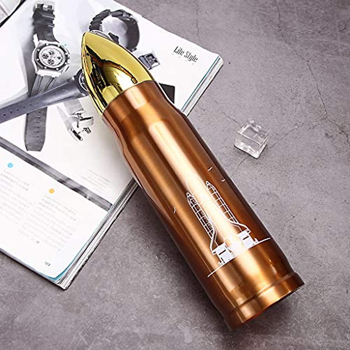 Yeahii Thermos Water Bottle Travel Outdoor Sports Thermos Water Bottle Bullet Shaped Thermos Bottle Stainless Steel Durable Portable, Gold, 500ml