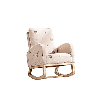 Merax Nursery Accent Rocker Armchair with Side Pocket, Upholstered High Back Wooden Rocking Chair for Living Room Baby Kids Room Bedroom (Beige Boucle)