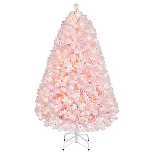 Yaheetech 4.5ft Pre-lit Artificial Christmas Tree with Incandescent Warm White Lights, Snow Flocked Full Prelighted Xmas Tree with 340 Branch Tips, 150 Incandescent Lights & Foldable Stand, Pink
