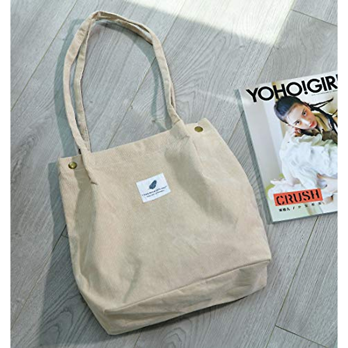 MODANA Corduroy Tote Shopping Bag with Interior Pocket, Reusable Washable and Ecofriendly, Perfect Totes for Shopping Travelling School and So on (Beige)