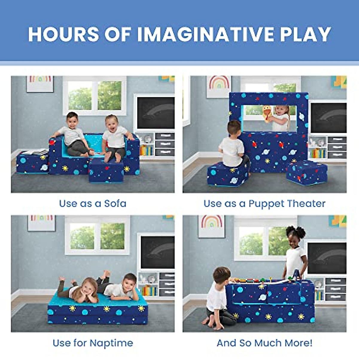 Delta Children Convertible Sofa & Play Set for Kids and Toddlers – Modular Foam Couch and Flip Out Lounger with 2 Ottomans, Space