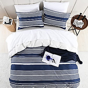 CozyDH Cotton Duvet Cover King - 100% Cotton 400TC Navy Blue Duvet Cover King Size, Soft and Breathable King Duvet Cover Set for All Season, Striped Pattern 3pcs Bedding Set (King, 104"x90")