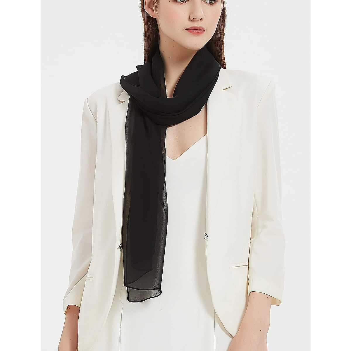 PANTONIGHT Long Chiffon Sheer Scarf For womens (065 plain black)