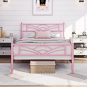 Yaheetech Twin Size Bed Frames Metal Platform Bed Mattress Foundation with Cloud-Inspired Design Headboard/Footboard/Ample Under Bed Storage/No Box Spring Needed/Pink