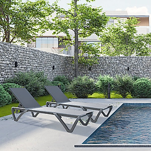 Domi Outdoor Chaise Lounge Set of 2,Pool Lounge Chair,Aluminum Sling Lounge Chairs for Outside with 5 Adjust able Positions (2 Grey Lounges W/O Table)