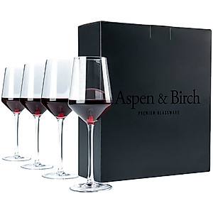 Aspen & Birch - Classic Wine Glasses Set of 4 - Red Wine Glasses or White Wine Glasses, Premium Crystal Stemware, Long Stem Wine Glasses Set, Clear, 15 oz, Hand Blown Glass Crafted by Artisans