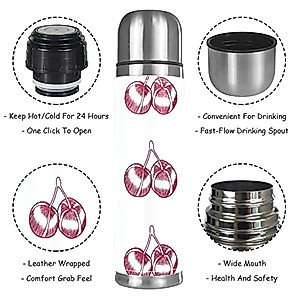 Stainless Steel Leather Vacuum Insulated Mug Cherries Thermos Water Bottle for Hot and Cold Drinks Kids Adults 16 Oz