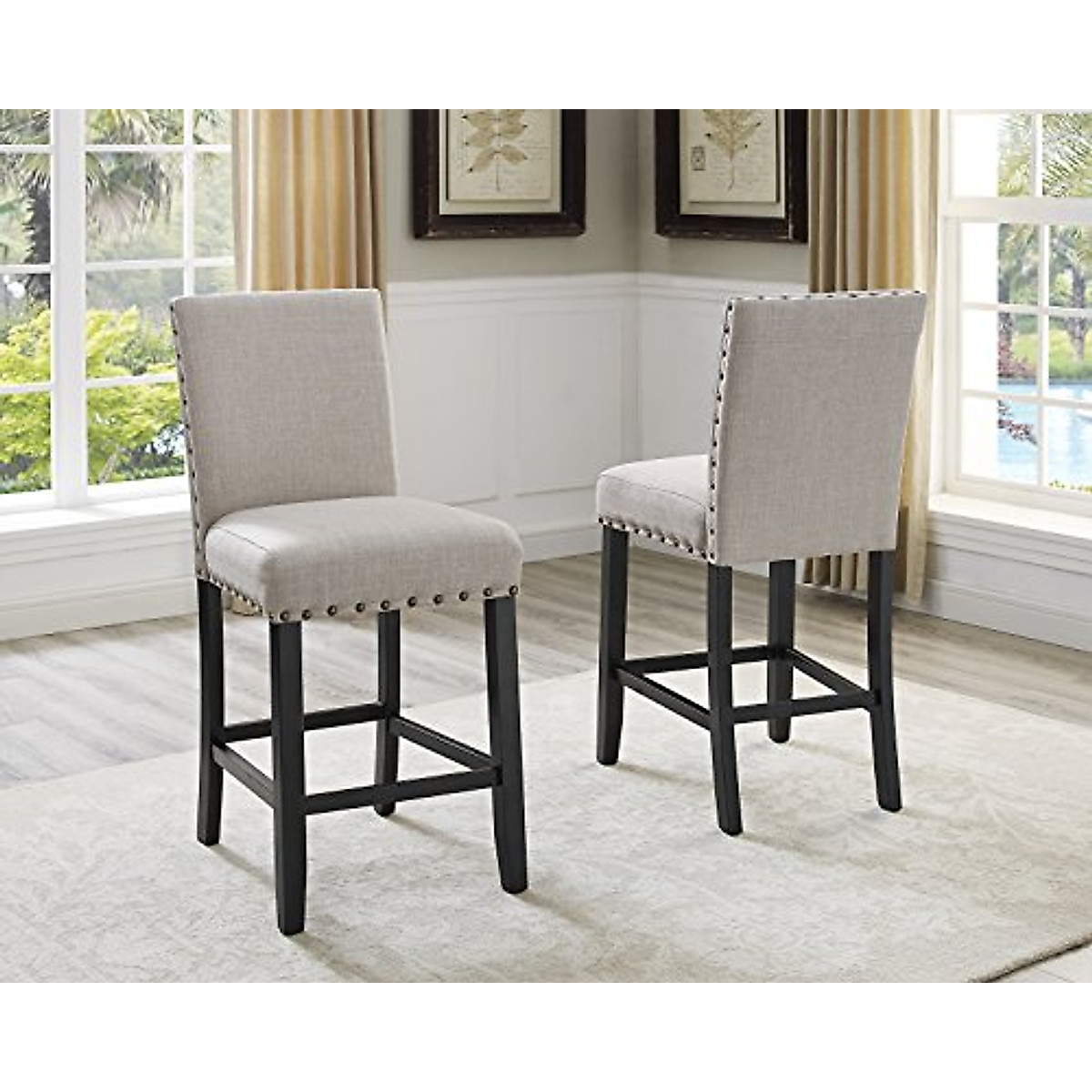 Biony Tan Fabric Counter Height Stools with Nailhead Trim, Set of 2