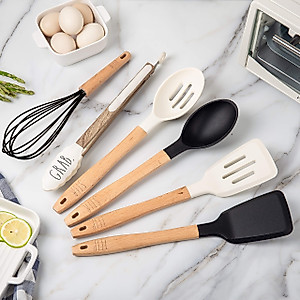 Rae Dunn Everyday Collection 7 Piece Kitchen Utensil Set-Stainless Steel and Silicone Kitchen Tools with Wooden Handles- (Black and White)