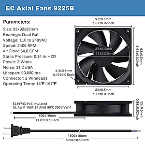 GDSTIME 90mm EC Axial Cooling Fan 92mm x 25mm AC 110V 115V 120V 220V 240V Dual Ball Bearing Small Brushless Exhaust Fan AC Powered Cord with ON/Off Switch
