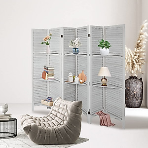 ECOMEX Room Divider with Shelves, 6 Panel Room Dividers and Folding Privacy Screens, Partition Room Divider Temporary Wall, Freestanding Room Divider for Home Office Studio Apartment (White)