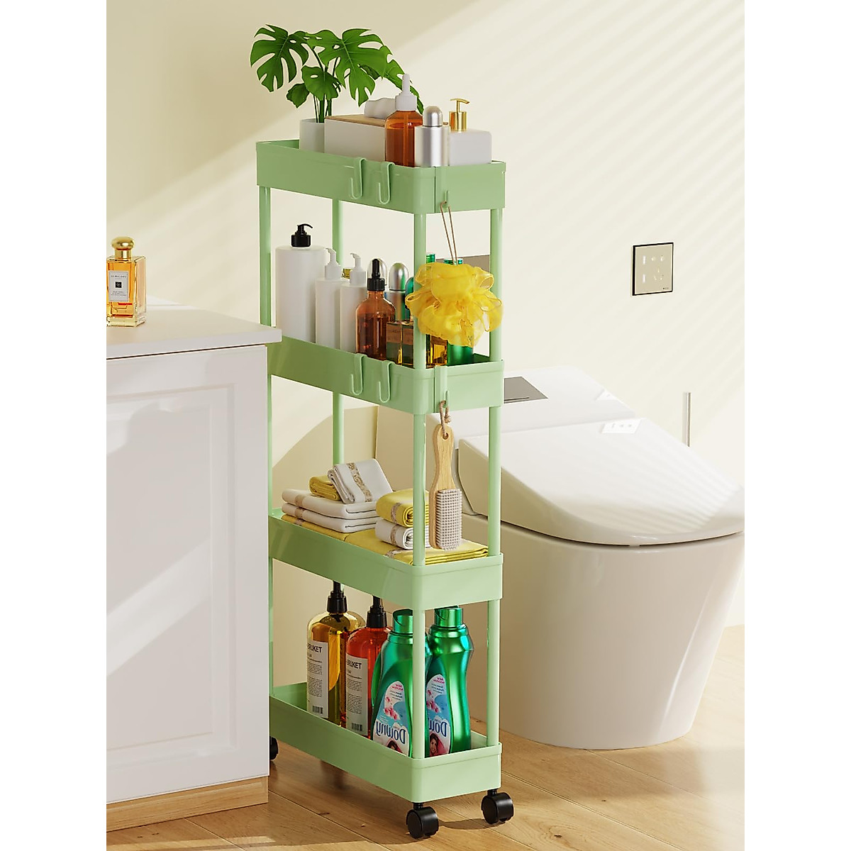 LEHOM 5.3" Slim Storage Cart - 4 Tiers Bathroom Organizer Mobile Shelving Unit Storage Rolling Utility Cart Slide Out Organizer for Kitchen Bathroom Laundry Narrow Places, Green
